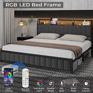 ADORNEVE King Size Bed Frame with LED Lights Headboard, Upholstered Platform Bed with Charging Station, LED Bed Frame with Storage Headboard, Upgraded 2-Row Mid-Beams, Noise-Free, Dark Grey