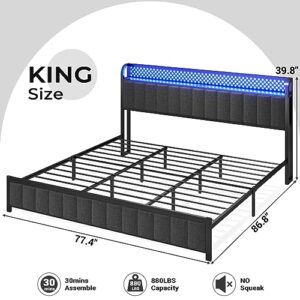 ADORNEVE King Size Bed Frame with LED Lights Headboard, Upholstered Platform Bed with Charging Station, LED Bed Frame with Storage Headboard, Upgraded 2-Row Mid-Beams, Noise-Free, Dark Grey