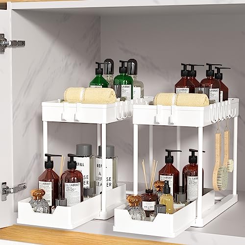 ArtZON Under Sink Organizers and Storage, 2-Tier Sliding Cabinet Basket Organizer with Hooks, Multi-Purpose Under Sink Organizers and Storage for Bathroom Kitchen (White 2 Pack)