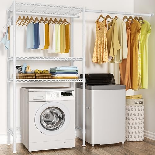 Ulif U4 Over Washer and Dryer Storage Shelf, 2 Rows Laundry Room Space Saver with Mounted on The Wall Expandable Hanger Rod, Suit Space from 4.9-6.3 ft. Width, 13.4" Depth, 79.3" Height, White