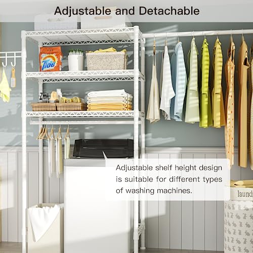 Ulif U4 Over Washer and Dryer Storage Shelf, 2 Rows Laundry Room Space Saver with Mounted on The Wall Expandable Hanger Rod, Suit Space from 4.9-6.3 ft. Width, 13.4" Depth, 79.3" Height, White