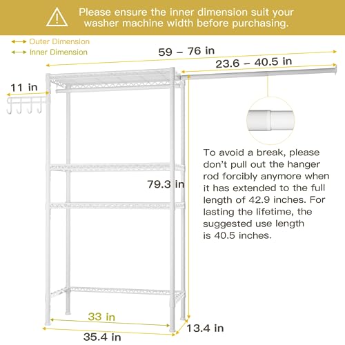 Ulif U4 Over Washer and Dryer Storage Shelf, 2 Rows Laundry Room Space Saver with Mounted on The Wall Expandable Hanger Rod, Suit Space from 4.9-6.3 ft. Width, 13.4" Depth, 79.3" Height, White