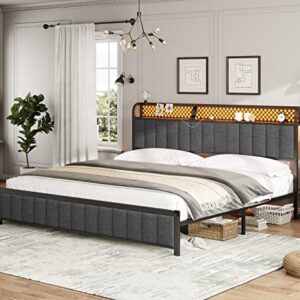 BTHFST King Size Bed Frame with LED Light Headboard, USB Ports & Outlets, Upholstered King Platform Bed Frame with Channel Tufting Design, Upgraded 2-Row Mid-Beams, Dark Grey