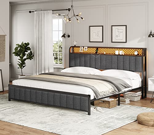 BTHFST King Size Bed Frame with LED Light Headboard, USB Ports & Outlets, Upholstered King Platform Bed Frame with Channel Tufting Design, Upgraded 2-Row Mid-Beams, Dark Grey