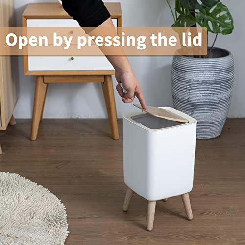 Small Trash Can with Lid, Boho Plastic Garbage Can with Push Button, Waste Basket with 5 Rolls Garbage Bags, Slim Dog Proof Bedroom Garbage Bin, Bathroom Trash Can for Home, Living Room, Office