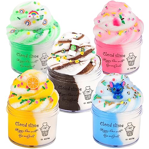 Cloud Slime Kit 5 Pack, with Peachybbies Rainbow Lemon Coffee Slime Charms, DIY Slime Supplies for Girls and Boys, Stress Relief Toy for Kids Education, Party Favor, Gift and Birthday