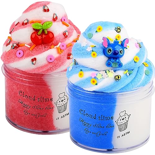 2 Pack Cloud Slime Kit with Blue and Cherry Charms, Scented DIY Slime Supplies for Girls and Boys, Party Favors Stress Relief Slime Toys for Kids Education Birthday Gift.