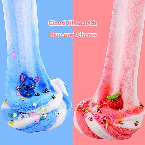 2 Pack Cloud Slime Kit with Blue and Cherry Charms, Scented DIY Slime Supplies for Girls and Boys, Party Favors Stress Relief Slime Toys for Kids Education Birthday Gift.