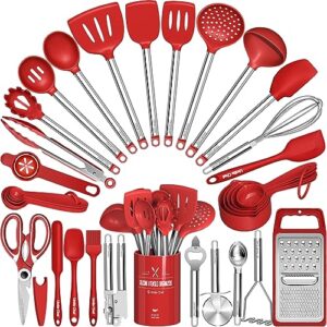 kitchen utensils set- umite chef 34 pcs cooking utensils with grater, spoon spatula, heat resistant food grade silicone, stainless steel handles kitchen gadgets tools set for nonstick cookware(red)