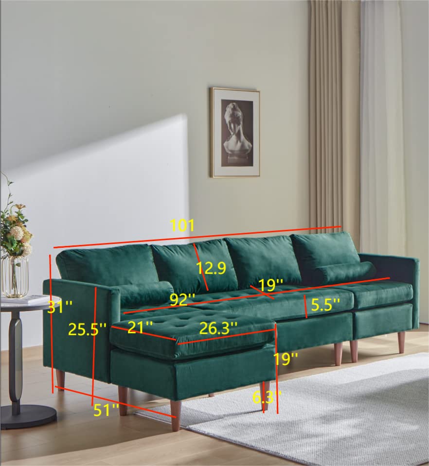 wirrytor Modular Sectional Sofa, Velvet U Shaped Couch, Modular Sectional with Reversible Ottomans for Living Room, Green