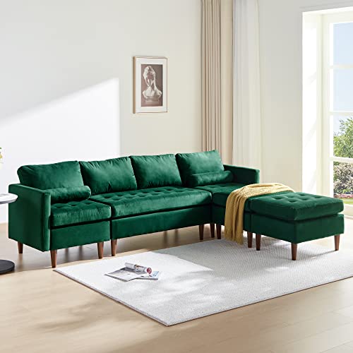 wirrytor Modular Sectional Sofa, Velvet U Shaped Couch, Modular Sectional with Reversible Ottomans for Living Room, Green