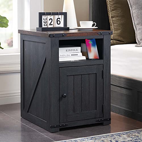 SinCiDo Nightstand with Charging Station, 20" Farmhouse End Table w/Groove Barn Door, Rustic Wood Sofa Side Bedside Table w/Open & Adjustable Shlef for Bedroom, Living Room, Dark Grey