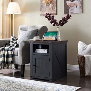 SinCiDo Nightstand with Charging Station, 20" Farmhouse End Table w/Groove Barn Door, Rustic Wood Sofa Side Bedside Table w/Open & Adjustable Shlef for Bedroom, Living Room, Dark Grey