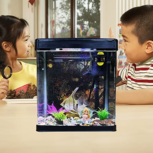 SANOSY Glass Fish Tank 2.3 Gallon Aquarium Starter Kit Small Betta Fish Tank Desktop Mini Fish Bowl for Shrimp Small Fish with Pump LED Light Simulated Water Plants and Filtering Materials (Black)