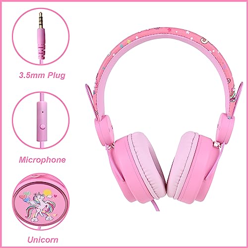 Kids Headphones for Girls, Cute Unicorn Headphones for Kids with Microphone, Adjustable Headband, 3.5mm Jack Wired Girls Headphones for School Travel Xmas Gift (Pink)