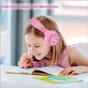 Kids Headphones for Girls, Cute Unicorn Headphones for Kids with Microphone, Adjustable Headband, 3.5mm Jack Wired Girls Headphones for School Travel Xmas Gift (Pink)