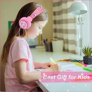 Kids Headphones for Girls, Cute Unicorn Headphones for Kids with Microphone, Adjustable Headband, 3.5mm Jack Wired Girls Headphones for School Travel Xmas Gift (Pink)