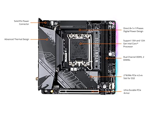 GIGABYTE B760I AORUS PRO (LGA 1700/ Intel/ B760/ Mini-ITX/ DDR5/ Dual M.2/ PCIe 4.0/ USB 3.2 Gen2X2 Type-C/WiFi 6E/ Intel 2.5GbE LAN/Q-Flash Plus/Motherboard)