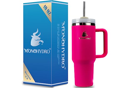 MONOHYDRO 40 oz Tumbler with Handle and Straw - tumbler with straw Stainless Steel Insulated Cup -stainless steel straw, Eco-friendly Materials - maintain temperature - Christmas Gift - Pink