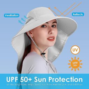 Womens Sun Hat UV Protection, Foldable Waterproof Wide Brim Bucket Hats with Neck Flap for Summer Beach Fishing Hiking Light Grey