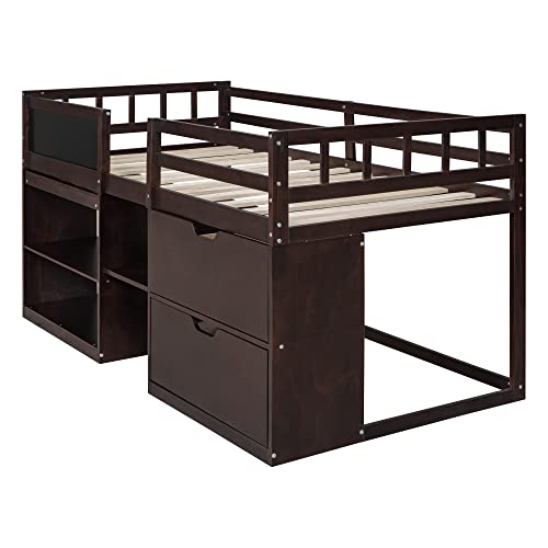 Merax Low Loft Bed Twin with Storage, Solid Wood Bed Frame with Rolling Desk and Drawers, No Box Spring Needed, for Boys & Girls (Espresso)