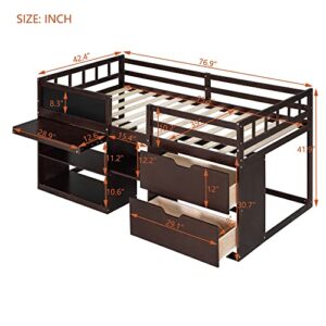 Merax Low Loft Bed Twin with Storage, Solid Wood Bed Frame with Rolling Desk and Drawers, No Box Spring Needed, for Boys & Girls (Espresso)