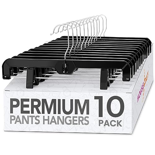 HOUSE DAY Pants Hangers -10 Pack, Skirt Hangers for Women Pants Hangers for Men, Black Pants Hangers with 360-Swivel-Hook, Shorts Hangers with Adjustable Clips Hangers for Pants, Trousers, Skirt, Jean