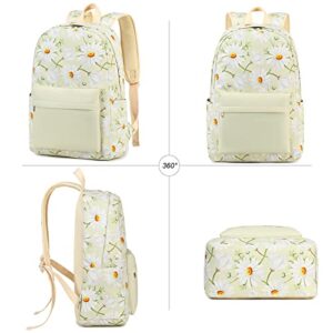 LEDAOU Backpack for Girls School Bag Kids Bookbag Teen Backpack Set Daypack with Lunch Bag and Pencil Case (White Daisy)