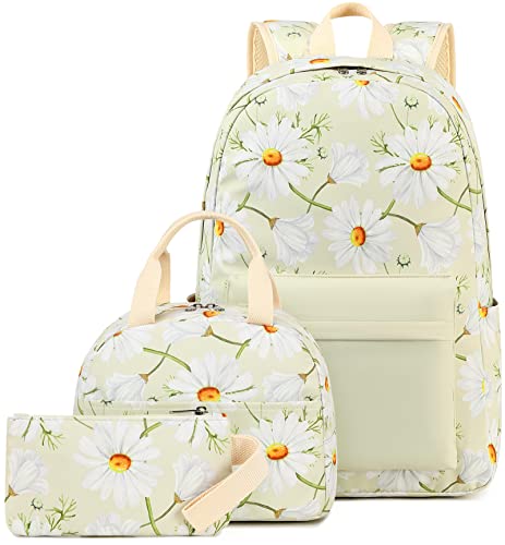 LEDAOU Backpack for Girls School Bag Kids Bookbag Teen Backpack Set Daypack with Lunch Bag and Pencil Case (White Daisy)