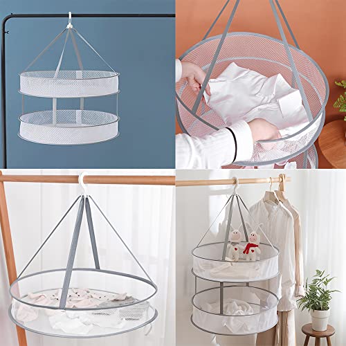 UtySty 2 Pack Drying Rack Clothing Collapsible Laundry Basket 23'' Folding Hanging Dry Net Mesh Dryer with Hook for Clothes Drying Household Lingerie Sweater Blouse Herb (1Tier+2Tier)