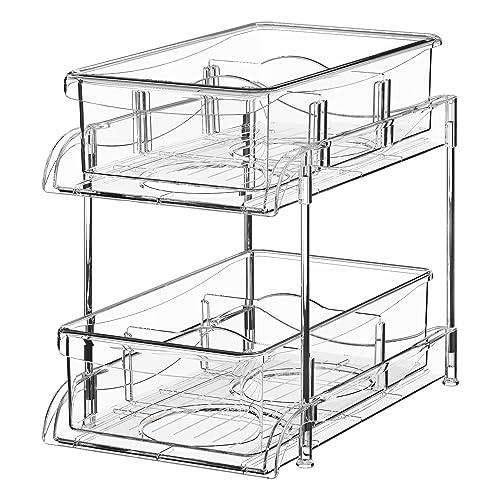 MHHA 2 Tier Clear Under Bathroom Sink Organizers and Storage, Medicine Cabinet Organizer with Dividers,Pull Out Kitchen Pantry Shelf Cupboard Closet Vanity Organization Bins