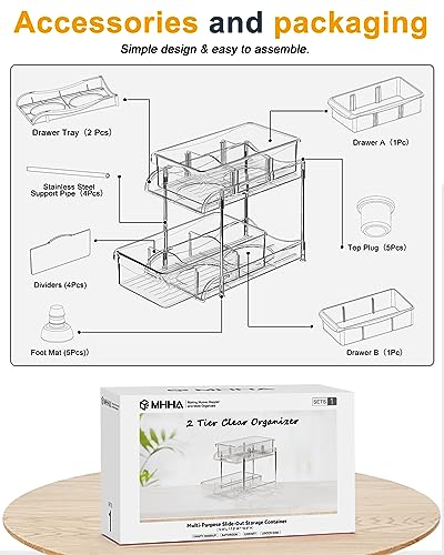 MHHA 2 Tier Clear Under Bathroom Sink Organizers and Storage, Medicine Cabinet Organizer with Dividers,Pull Out Kitchen Pantry Shelf Cupboard Closet Vanity Organization Bins