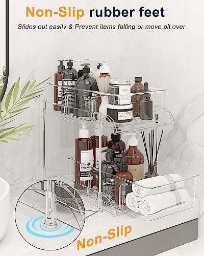 MHHA 2 Tier Clear Under Bathroom Sink Organizers and Storage, Medicine Cabinet Organizer with Dividers,Pull Out Kitchen Pantry Shelf Cupboard Closet Vanity Organization Bins