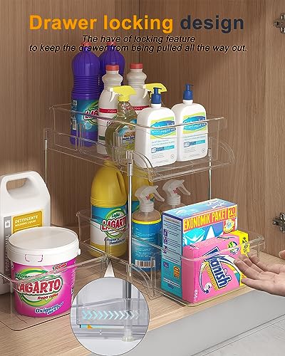 MHHA 2 Tier Clear Under Bathroom Sink Organizers and Storage, Medicine Cabinet Organizer with Dividers,Pull Out Kitchen Pantry Shelf Cupboard Closet Vanity Organization Bins