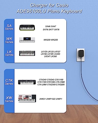 VHBW 9.5V Charger Replacement for Casio Keyboard Power Cord ADE95100LU Compatible with Casio Keyboard Power Supply CTK-2400 CTK-2500 CTK-2090 CTK-3200 SA-76 SA-46 SA-77 Mini Keyboard (5.9Ft Long)