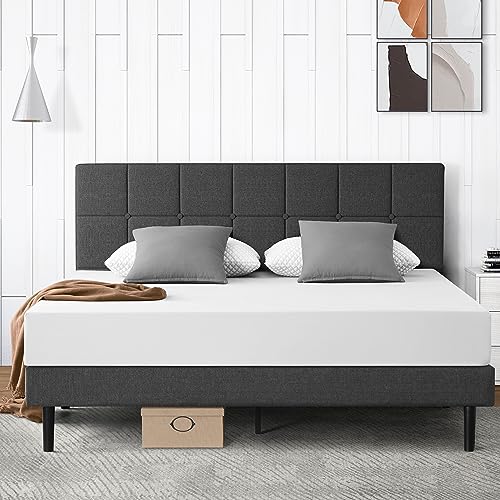 Molblly Queen Bed Frame with Upholstered Headboard, Platform Bed Frame with Sturdy Wood Slat, Linen Fabric Wrap, Non-Slip and Noise-Free,No Box Spring Needed, Easy Assembly, Grey