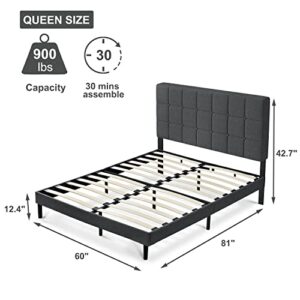 Molblly Queen Bed Frame with Upholstered Headboard, Platform Bed Frame with Sturdy Wood Slat, Linen Fabric Wrap, Non-Slip and Noise-Free,No Box Spring Needed, Easy Assembly, Grey