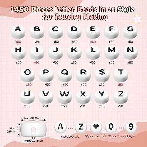 FZIIVQU 1450 Pieces Letter Beads Kit, 4x7 mm White Acrylic Alphabet Beads for Jewelry Making Number Beads Heart Beads Friendship Bracelet Beads Making