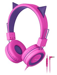 simjar cat ear kids headphones with microphone for school, volume limiter 85/94db, wired girls headphones with foldable design for online learning/travel/tablet/ipad (purple)