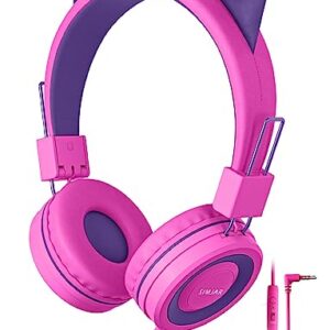 SIMJAR Cat Ear Kids Headphones with Microphone for School, Volume Limiter 85/94dB, Wired Girls Headphones with Foldable Design for Online Learning/Travel/Tablet/iPad (Purple)