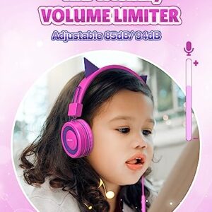 SIMJAR Cat Ear Kids Headphones with Microphone for School, Volume Limiter 85/94dB, Wired Girls Headphones with Foldable Design for Online Learning/Travel/Tablet/iPad (Purple)