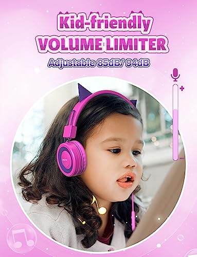 SIMJAR Cat Ear Kids Headphones with Microphone for School, Volume Limiter 85/94dB, Wired Girls Headphones with Foldable Design for Online Learning/Travel/Tablet/iPad (Purple)