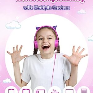 SIMJAR Cat Ear Kids Headphones with Microphone for School, Volume Limiter 85/94dB, Wired Girls Headphones with Foldable Design for Online Learning/Travel/Tablet/iPad (Purple)