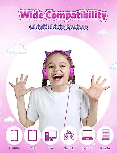 SIMJAR Cat Ear Kids Headphones with Microphone for School, Volume Limiter 85/94dB, Wired Girls Headphones with Foldable Design for Online Learning/Travel/Tablet/iPad (Purple)