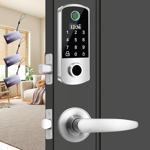 BEBASIA Fingerprint Door Lock with 2 Level Handles, Smart Door Lock, Keyless Entry Door Lock, Door Locks with Keypads, 300+ Users, Anti-Peeping Password, Auto Lock & One Touch Unlock (Satin Nickel)