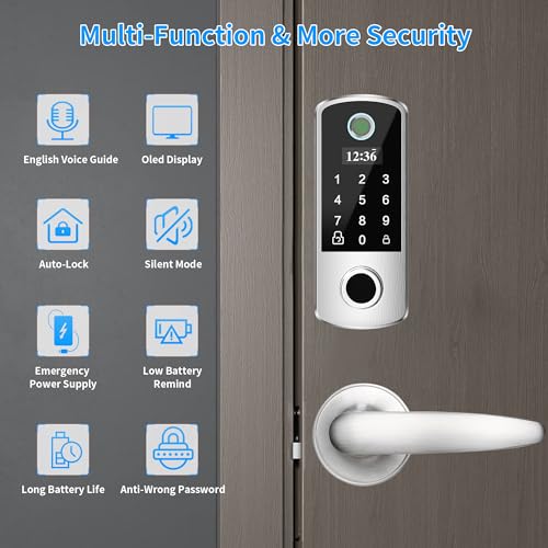 BEBASIA Fingerprint Door Lock with 2 Level Handles, Smart Door Lock, Keyless Entry Door Lock, Door Locks with Keypads, 300+ Users, Anti-Peeping Password, Auto Lock & One Touch Unlock (Satin Nickel)