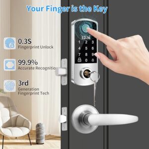 BEBASIA Fingerprint Door Lock with 2 Level Handles, Smart Door Lock, Keyless Entry Door Lock, Door Locks with Keypads, 300+ Users, Anti-Peeping Password, Auto Lock & One Touch Unlock (Satin Nickel)