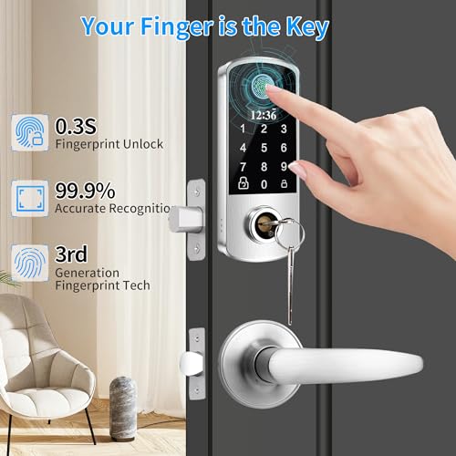 BEBASIA Fingerprint Door Lock with 2 Level Handles, Smart Door Lock, Keyless Entry Door Lock, Door Locks with Keypads, 300+ Users, Anti-Peeping Password, Auto Lock & One Touch Unlock (Satin Nickel)