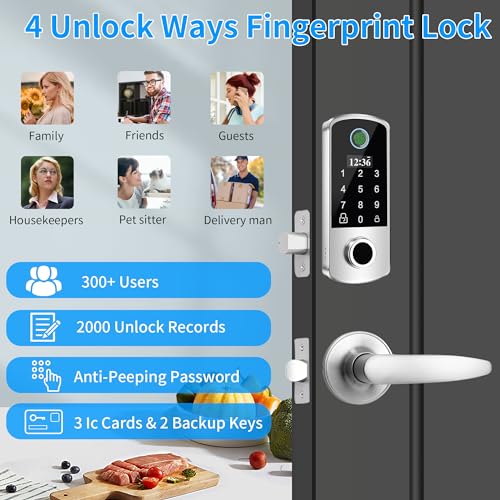 BEBASIA Fingerprint Door Lock with 2 Level Handles, Smart Door Lock, Keyless Entry Door Lock, Door Locks with Keypads, 300+ Users, Anti-Peeping Password, Auto Lock & One Touch Unlock (Satin Nickel)