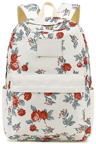 School Backpack for Teen Girls Bookbags Elementary High School Floral Laptop Bags Women Travel Daypacks (Rose Beige)